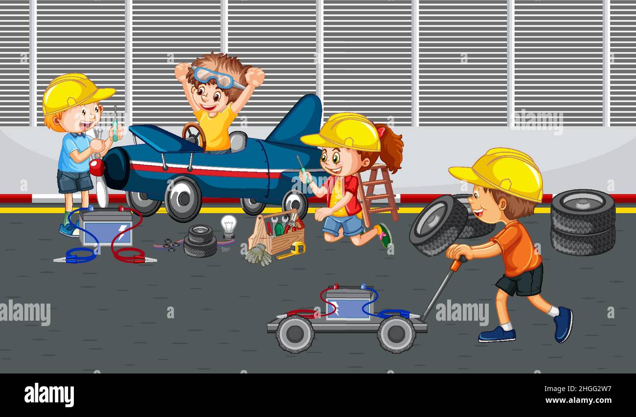Children repairing a car together in the garage illustration Stock ...