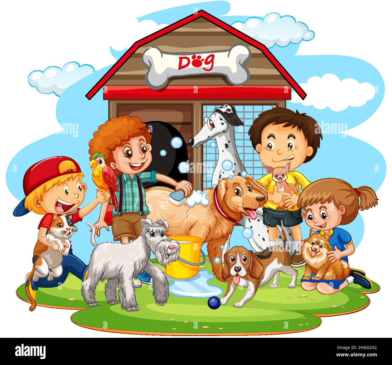 Happy family with their pets in cartoon style illustration Stock Vector ...