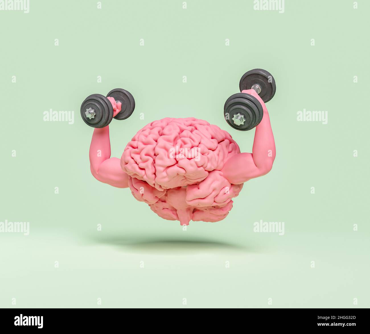 brain with muscular arms and dumbbells in hands. concept of exercise ...