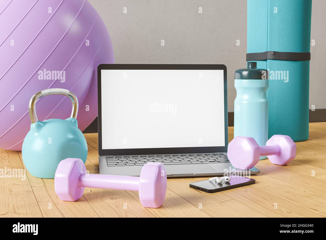 laptop on the floor of a gym with a mobile phone and exercise equipment ...