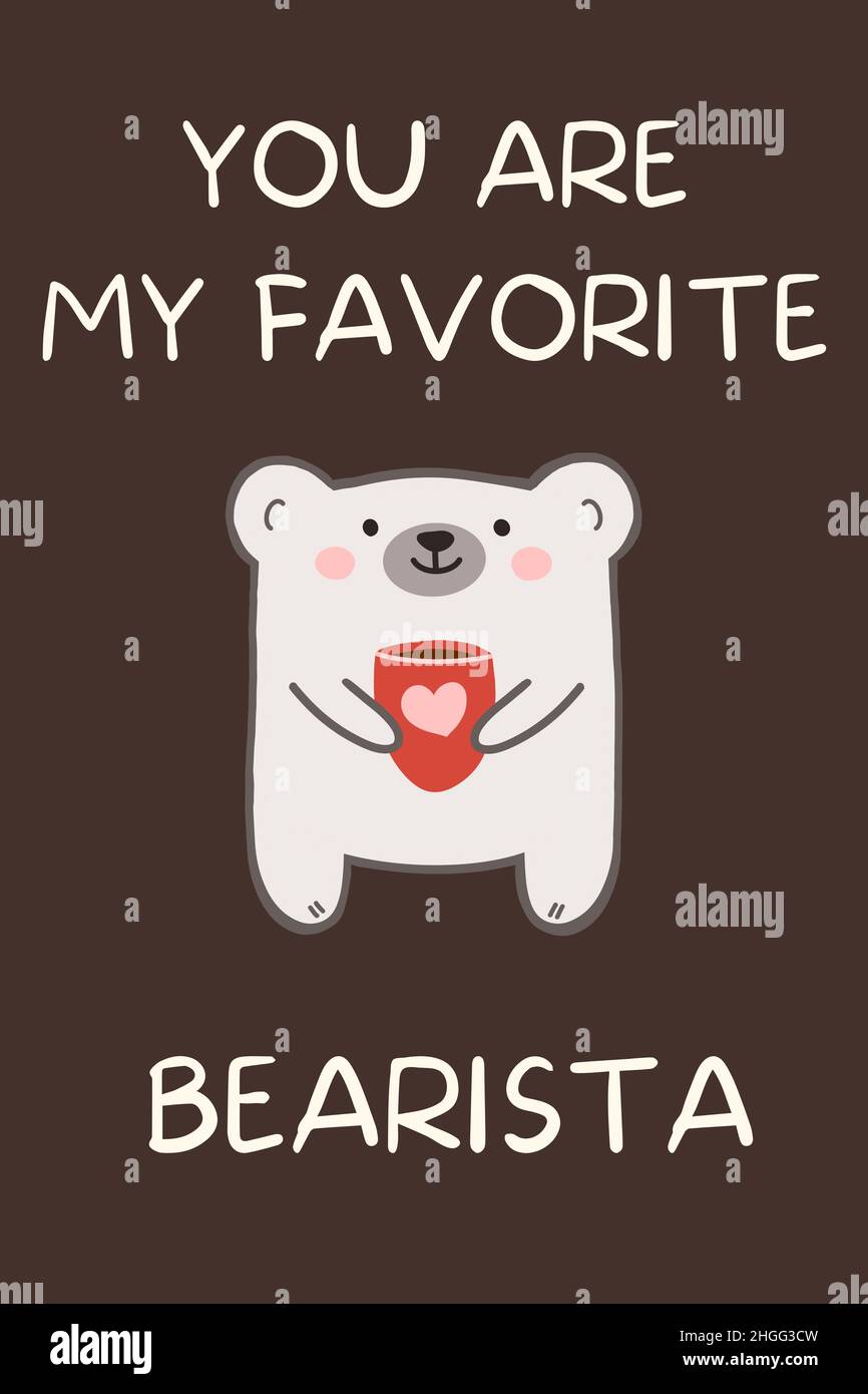 Barista day greeting card with cute polar bear holding cup of coffee ...