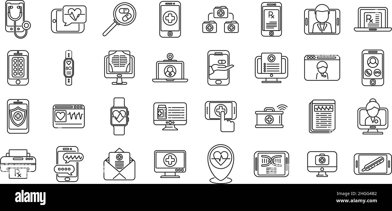 Telemedicine icons set outline vector. Remote doctor. App screen Stock ...