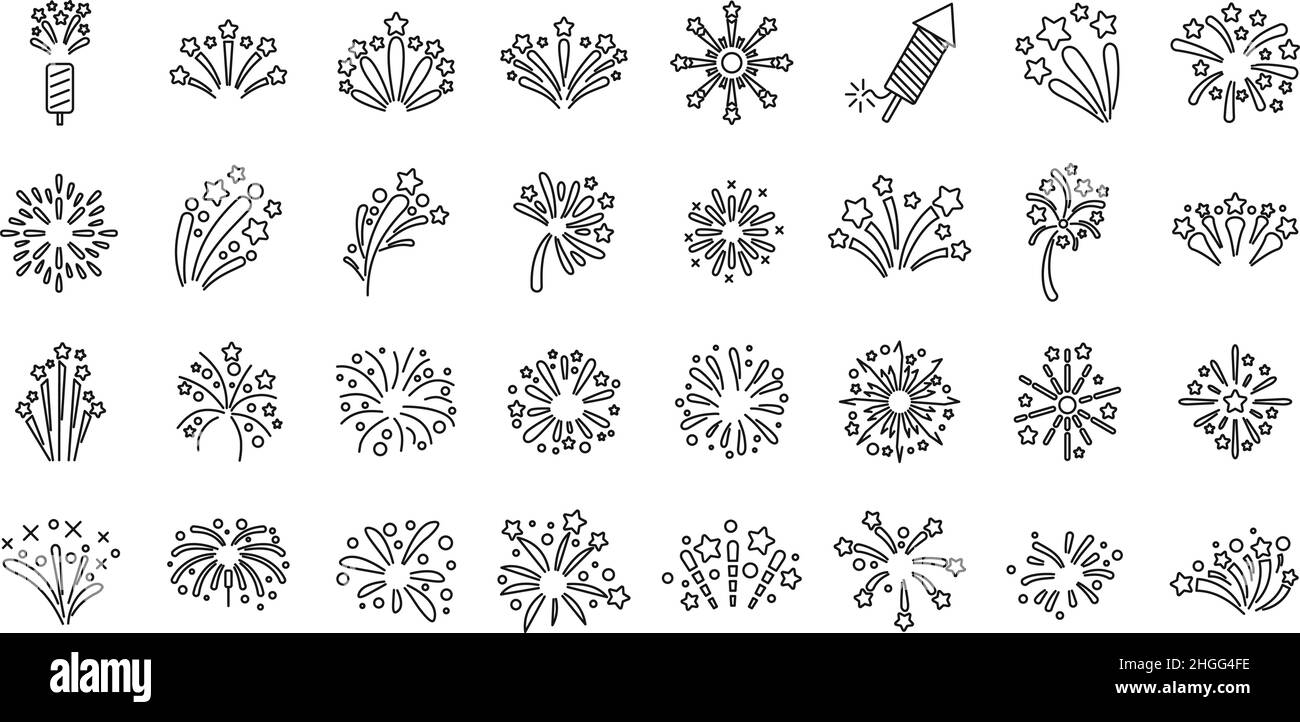 Firework icons set outline vector. New year celebrate. Cracker fire ...