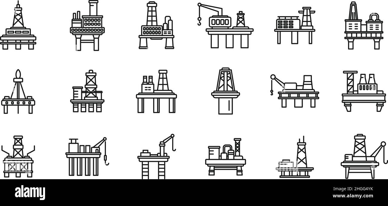 Sea drilling rig icons set outline vector. Oil industry. Power platform ...