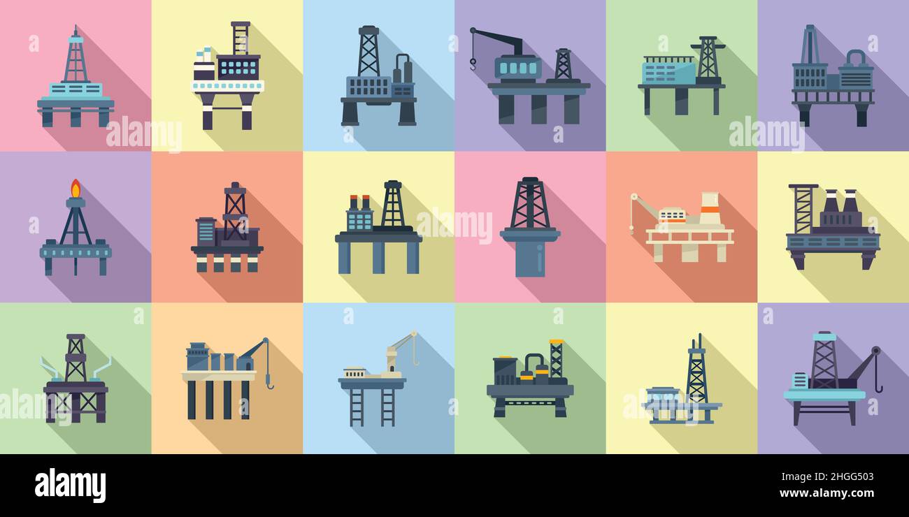 Sea drilling rig icons set flat vector. Oil industry. Power platform ...