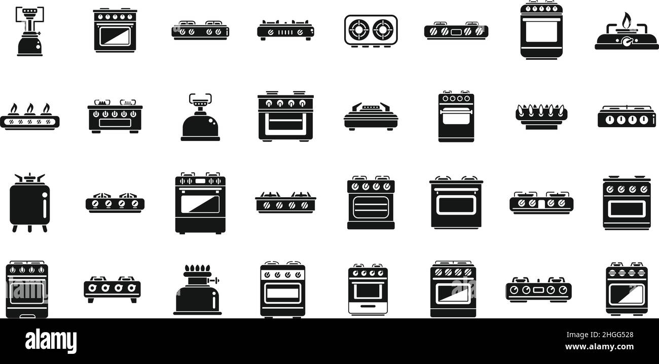 Burning gas stove icons set simple vector. Kitchen cooking. Cook food ...
