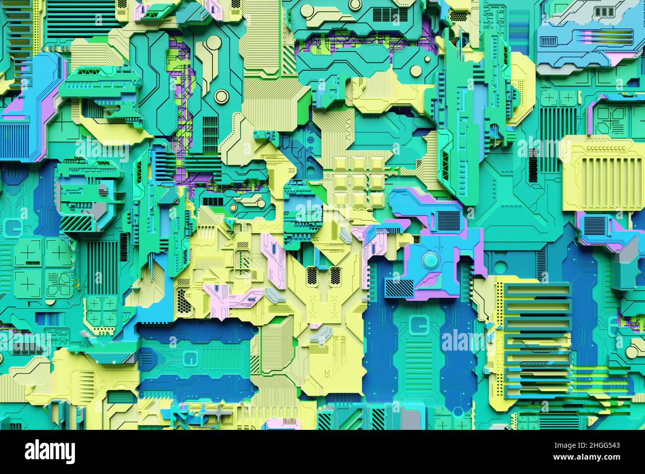 3D illustration of the Close up of the green cyber armor on neon lights ...