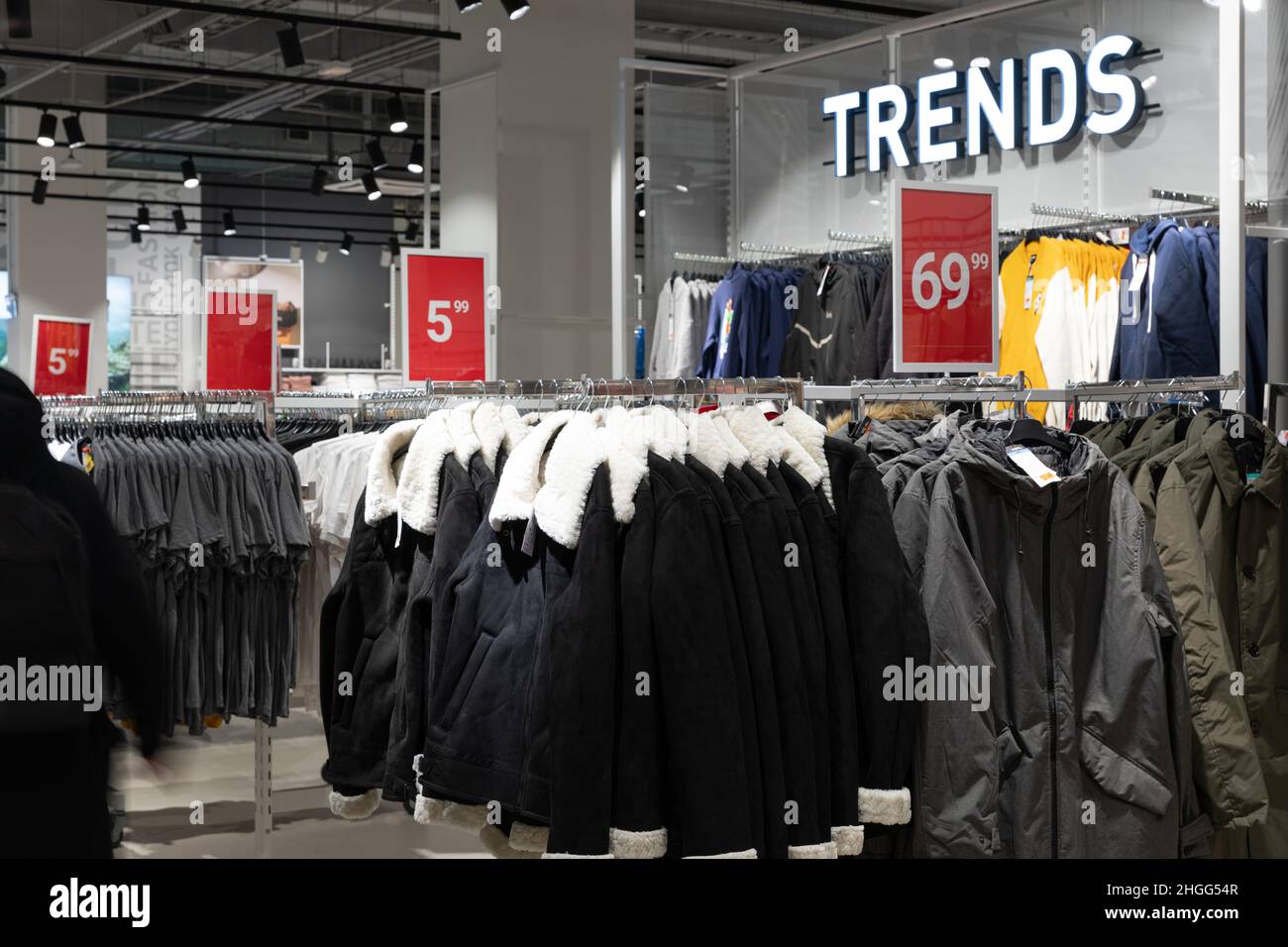 interior of a large store selling jeans and jackets Stock Photo - Alamy