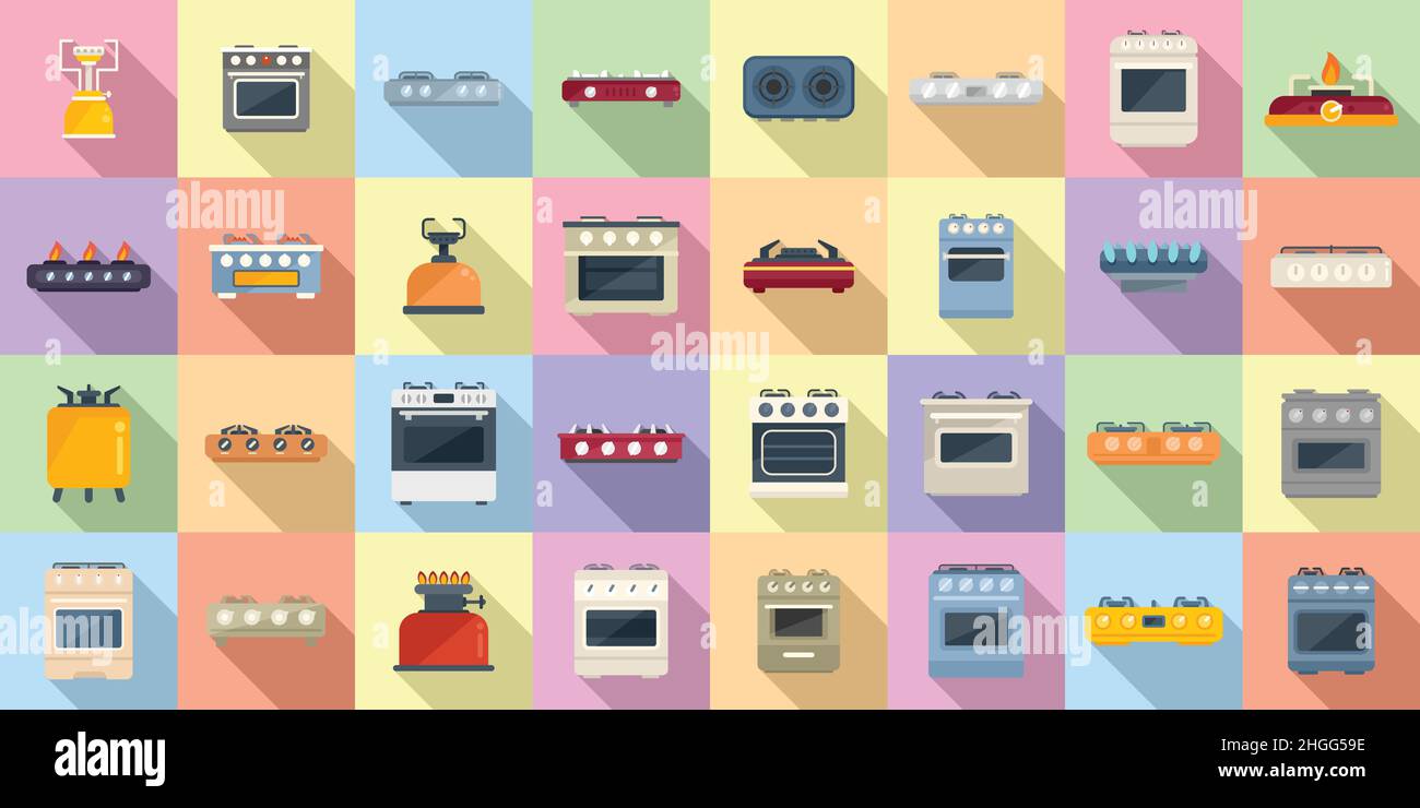 Burning gas stove icons set flat vector. Kitchen cooking. Cook food ...