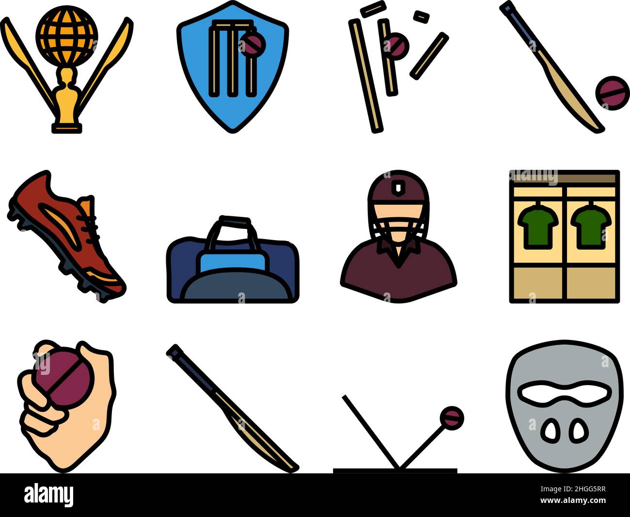 Cricket Icon Set. Editable Bold Outline With Color Fill Design. Vector ...