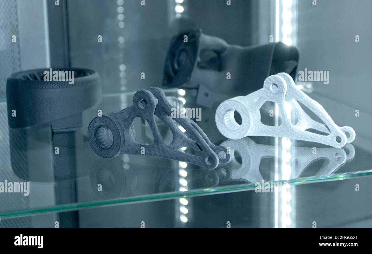 Black and white abstract models printed on 3d printer from powder close ...