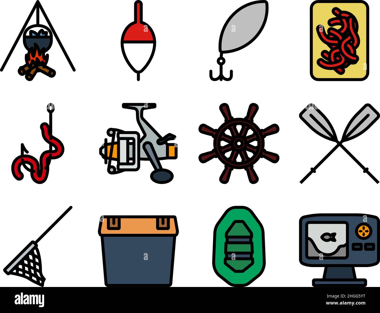Fishing Icon Set. Editable Bold Outline With Color Fill Design. Vector ...