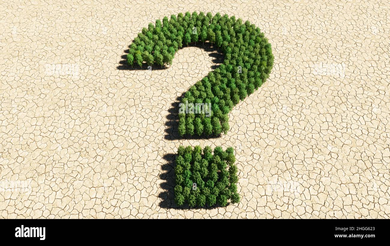 Concept or conceptual group of green forest tree on dry ground ...