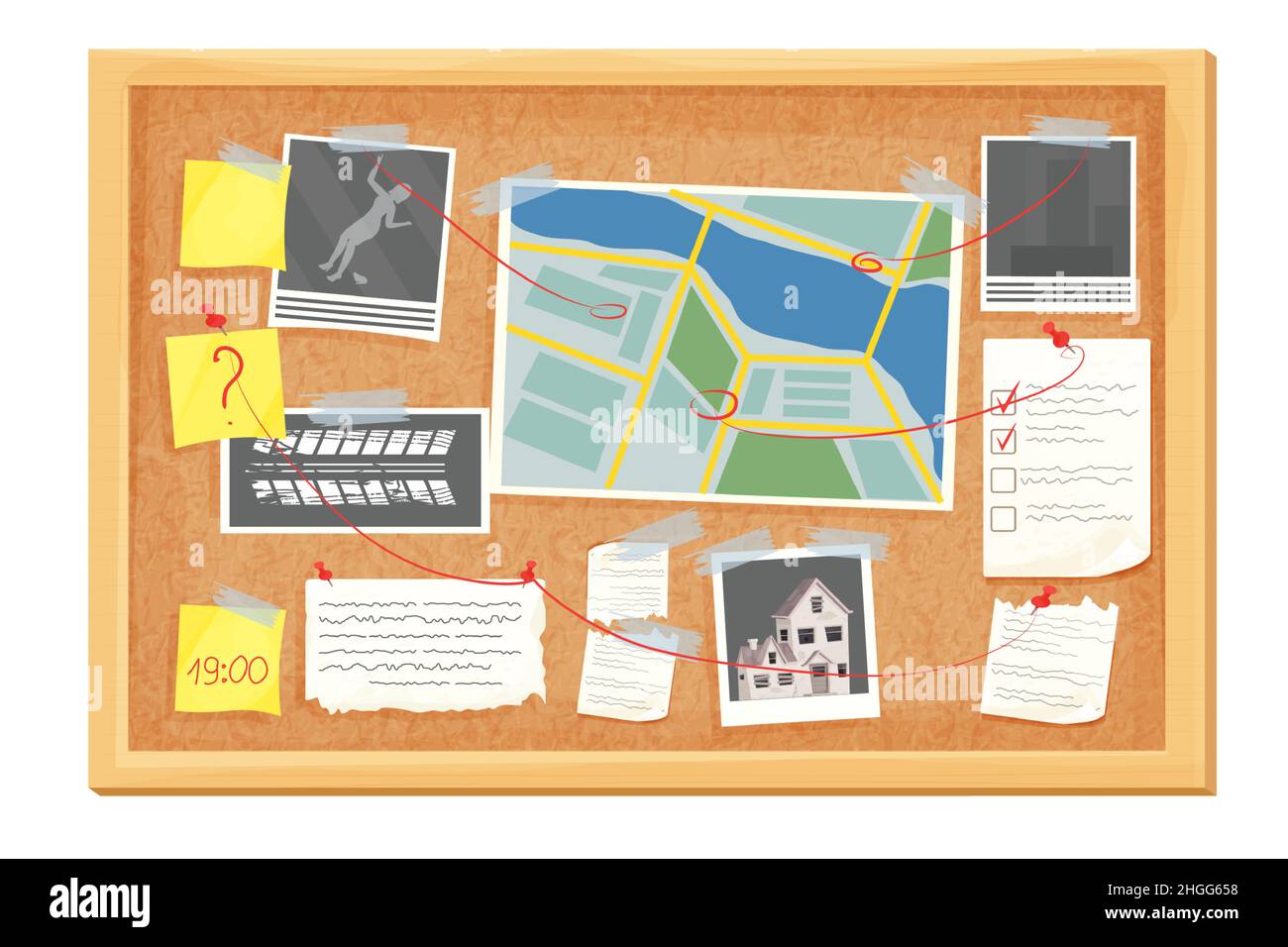 Detective investigation cork board, work place in cartoon style ...