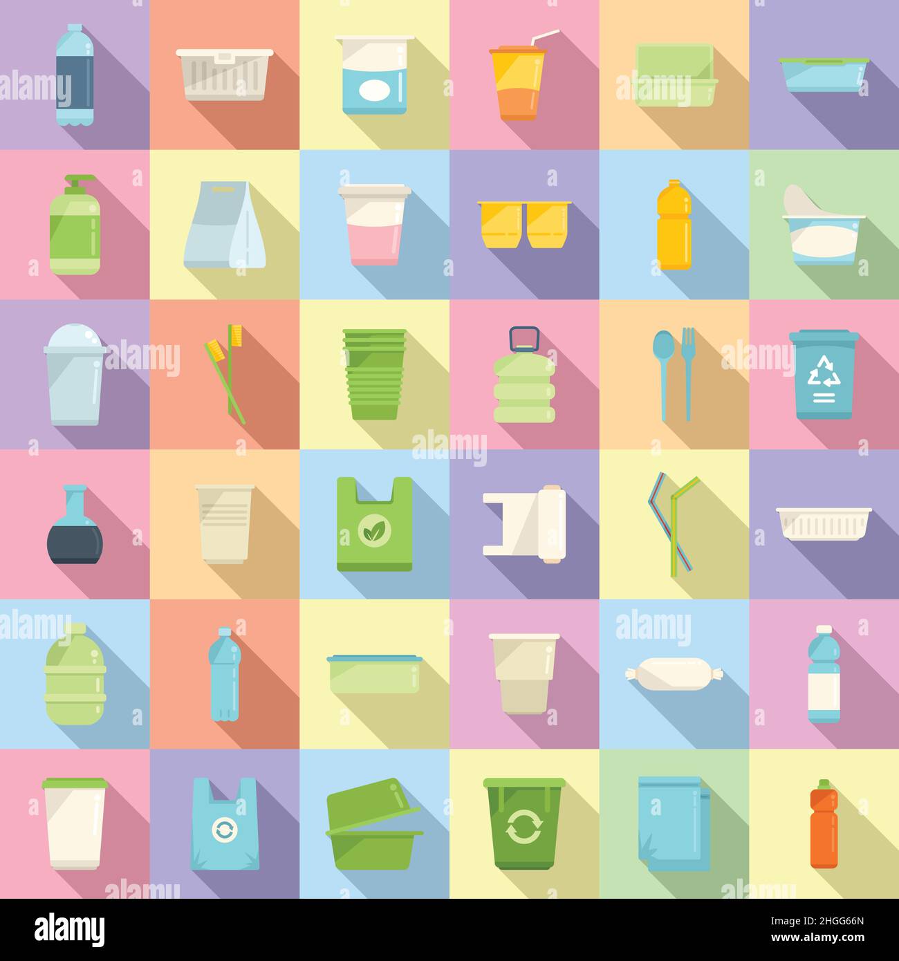Biodegradable plastic icons set flat vector. Trash bag. Basket bin ...