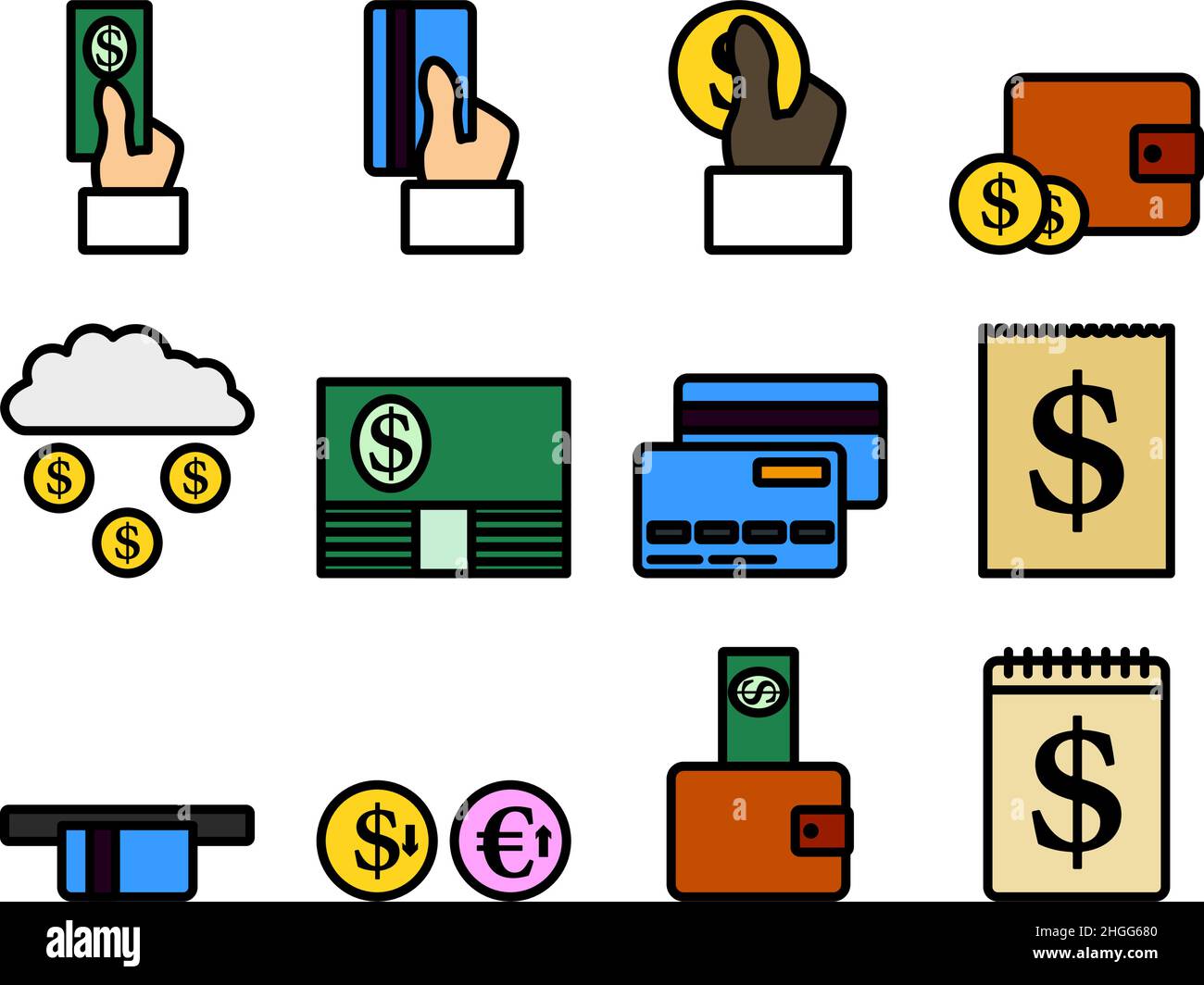Money Icon Set. Editable Bold Outline With Color Fill Design. Vector ...
