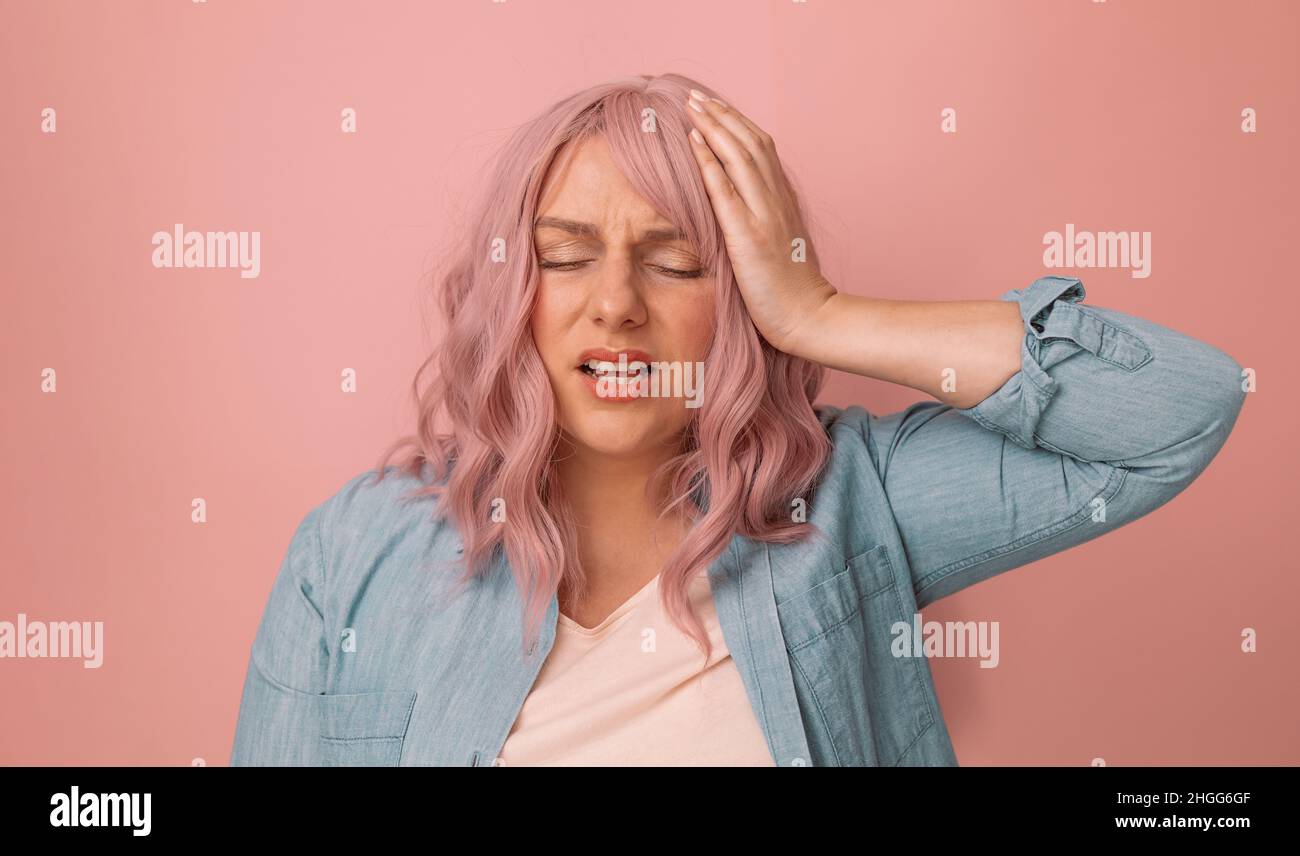 Sad european millennial female woman wearing casual t shirt with hand ...