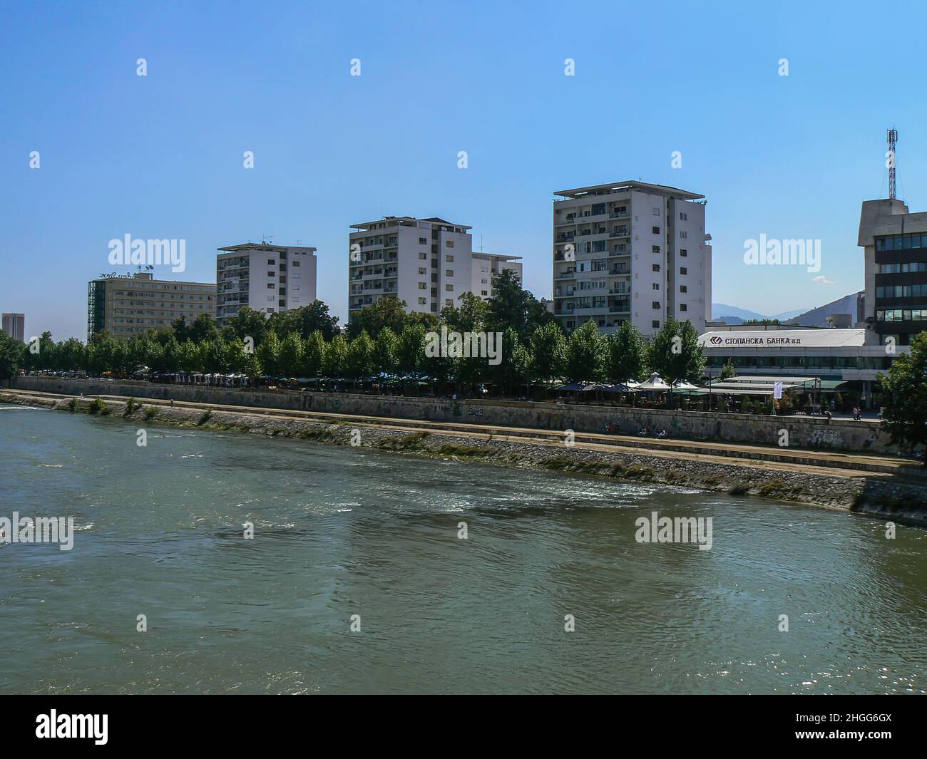 The Vardar River passing through the centre of Skopje in Macedonia ...