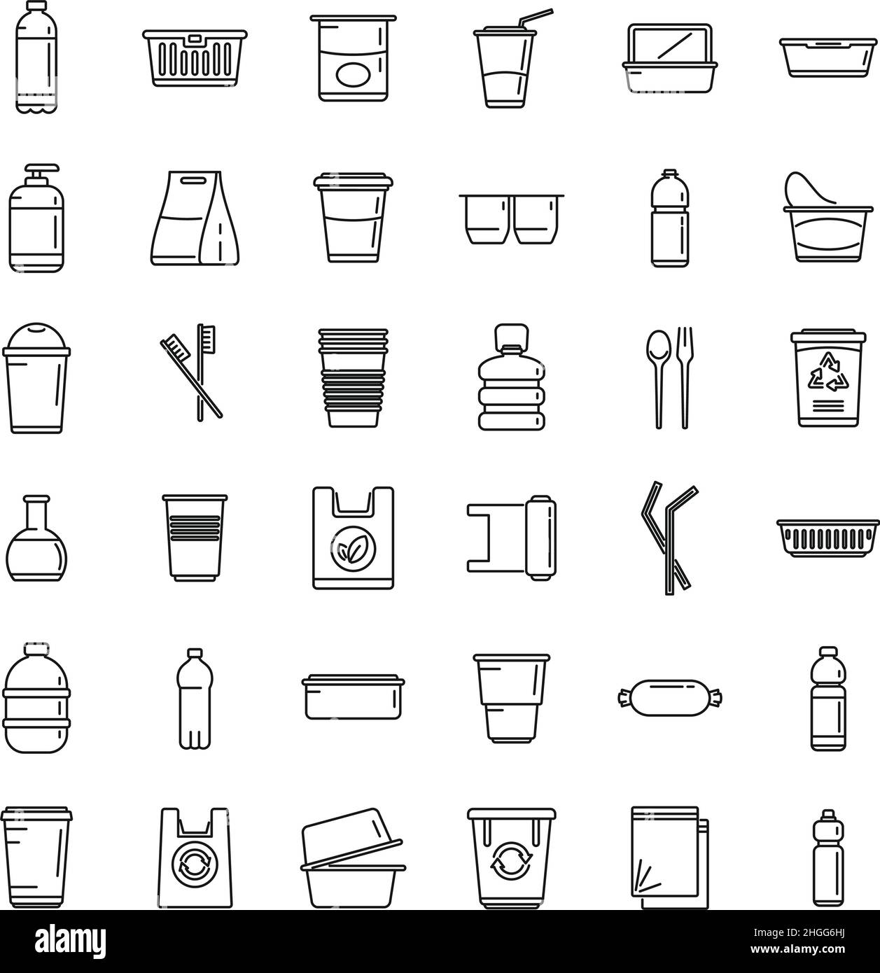 Biodegradable plastic icons set outline vector. Trash bag. Basket bin ...