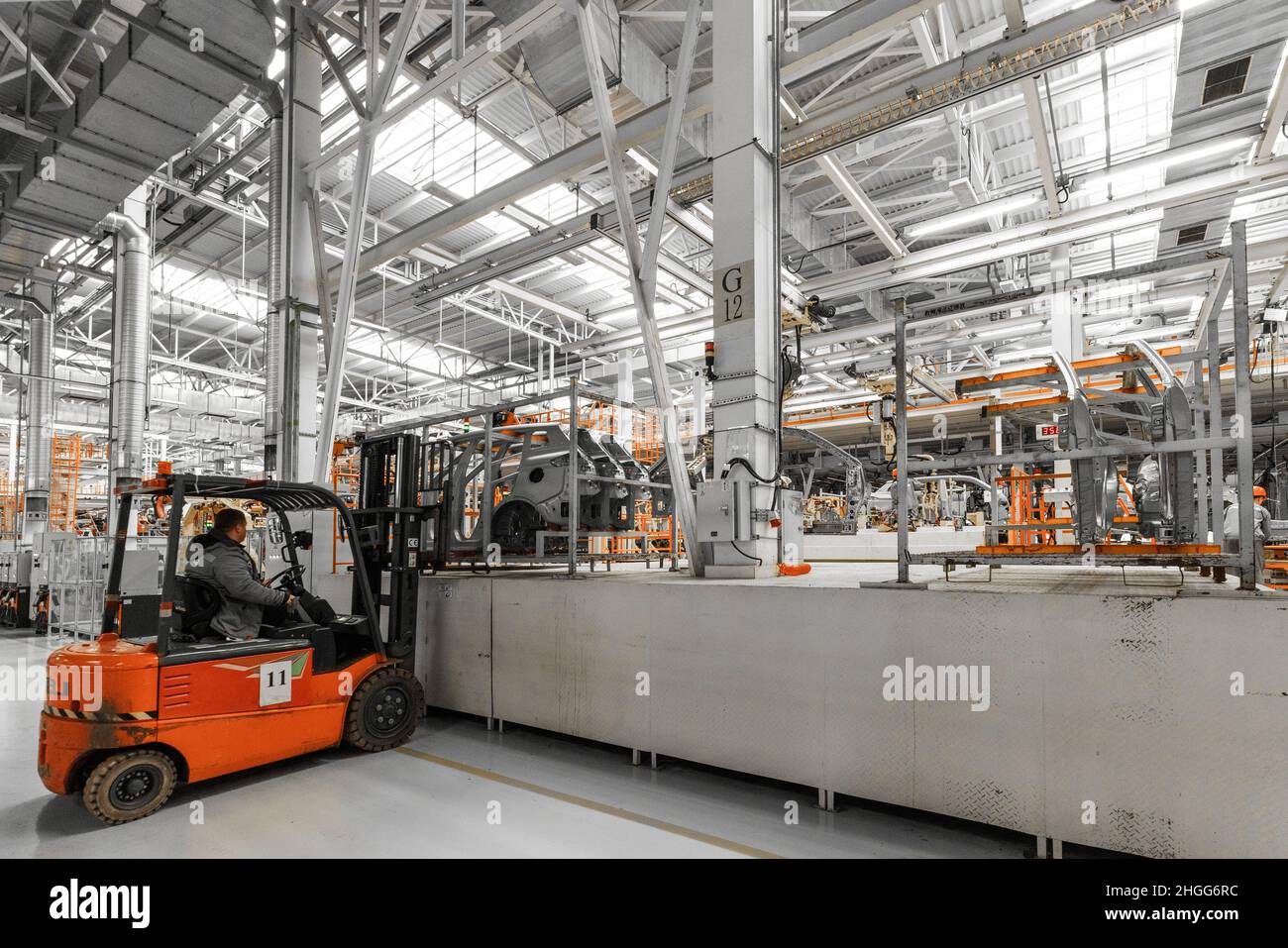 Plant for production of cars. Modern automotive industry. Electric car ...