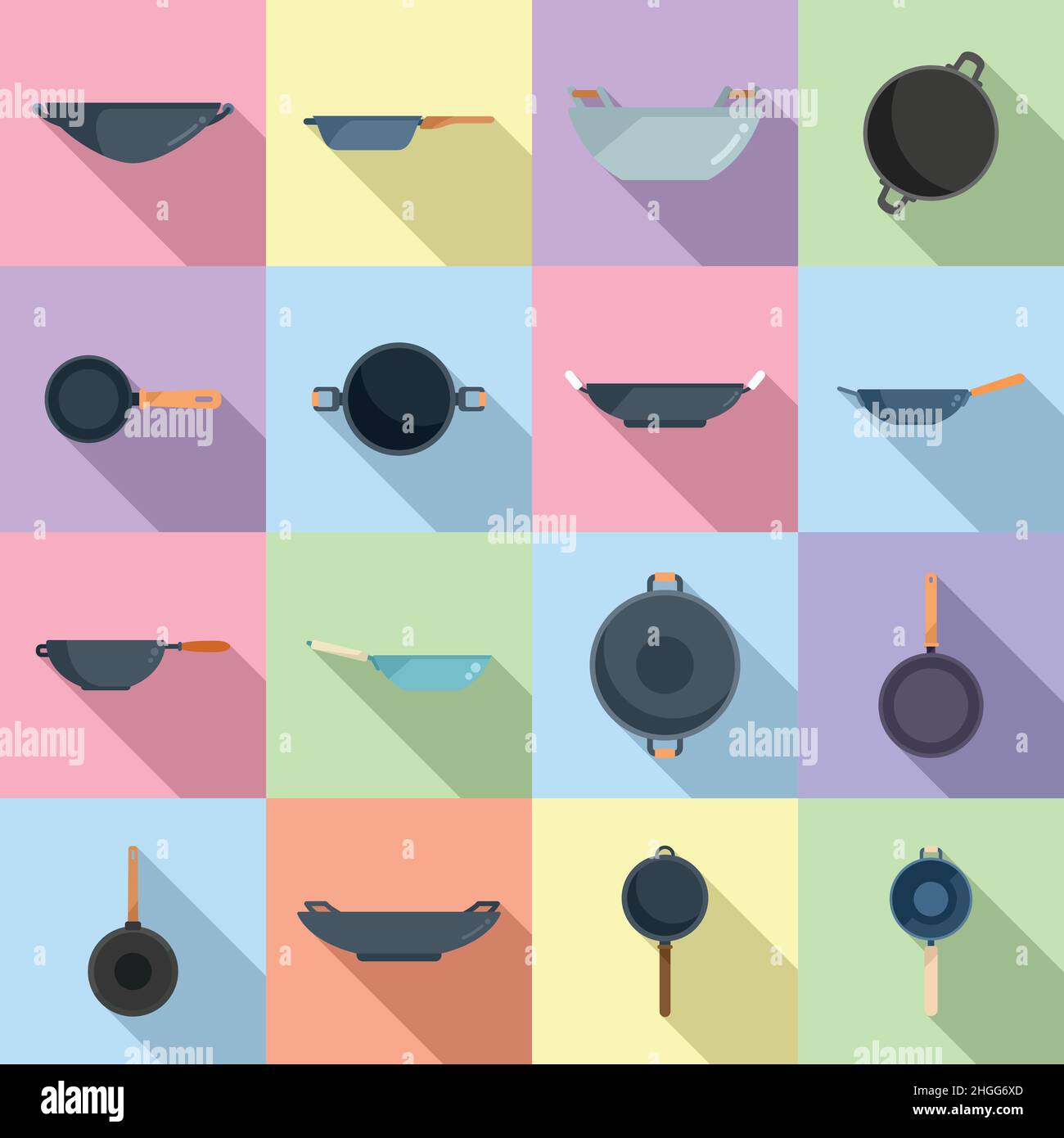Wok frying pan icons set flat vector. Meat tools. Kitchen cooking Stock ...