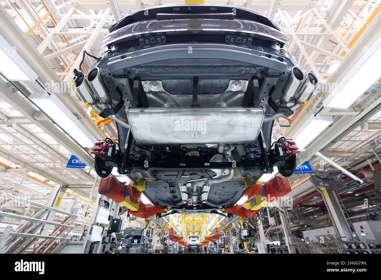 Automobile production line. Welding car body. Modern car assembly plant ...