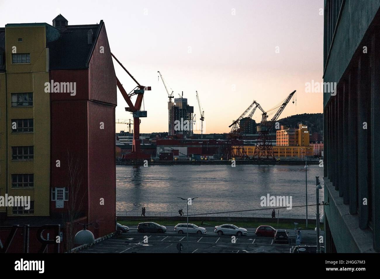 Goteborg industrial harbor port crane at sunset, Sweden, Gothenburg ...