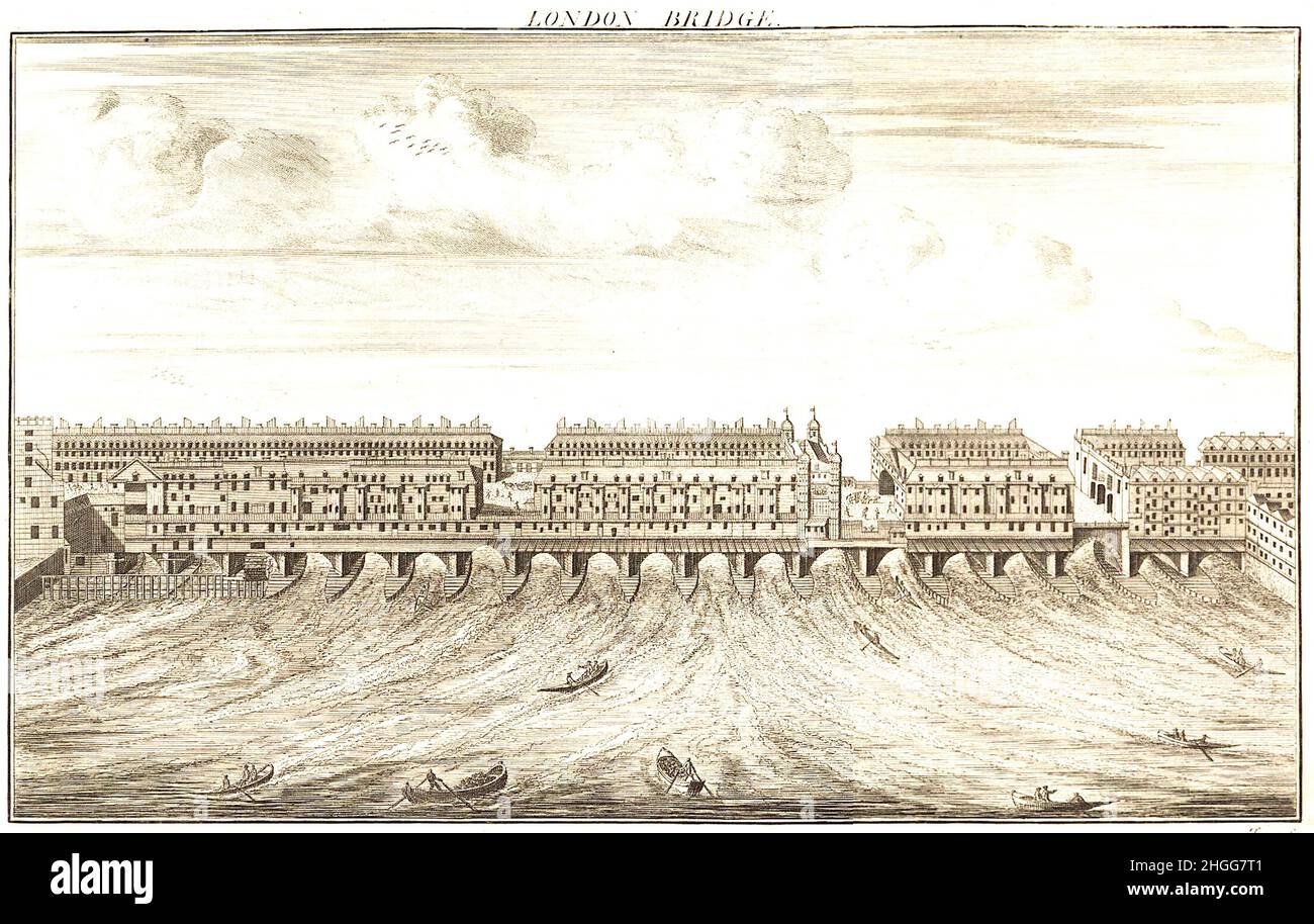 The old London Bridge, engraving by William Henry Toms, showing the ...