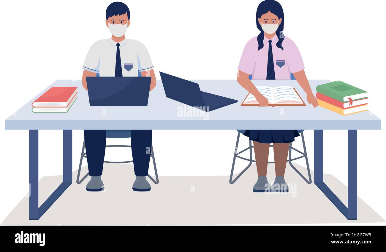 Students in uniform studying semi flat color vector characters Stock ...