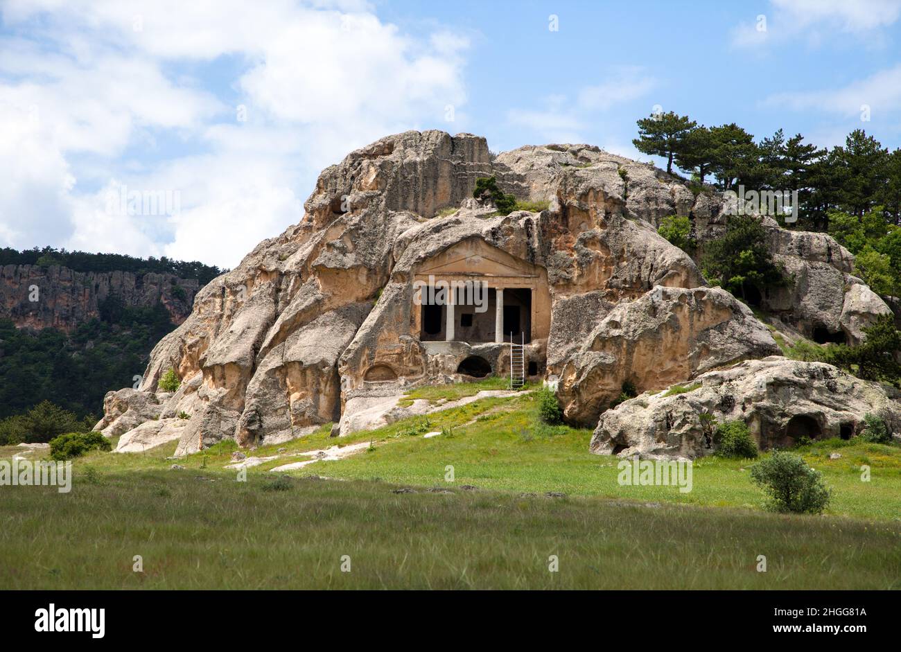 View of the rock formations and ancient rock tombs of the Phrygian ...
