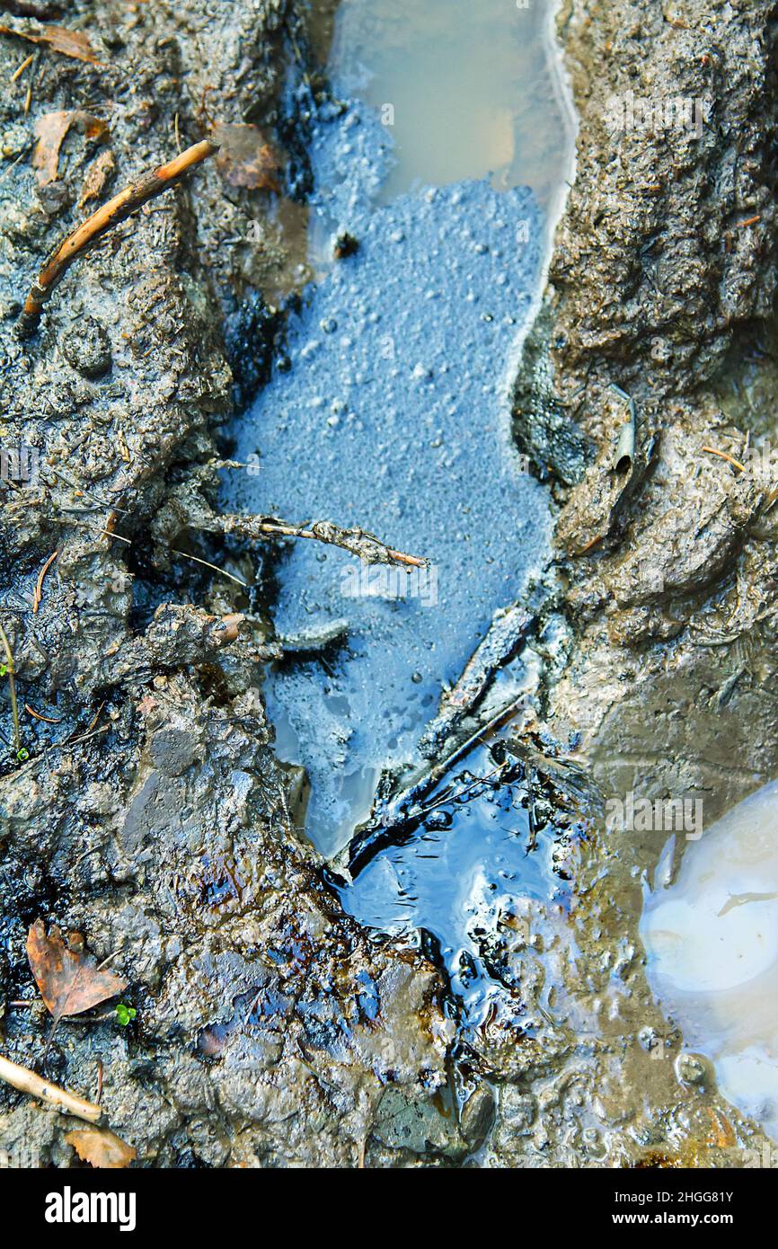 Soil pollution, oil slick with diesel fuel. Oil pollution in nature ...