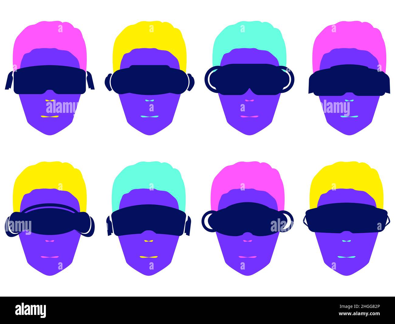 Heads in virtual reality glasses set isolated on white background ...