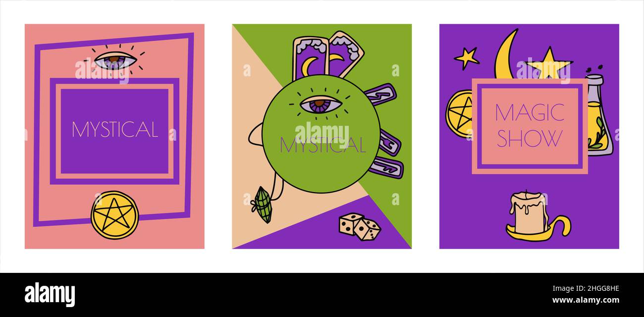 Magic hand drawn doodle banners. Vector icons of magic items ...
