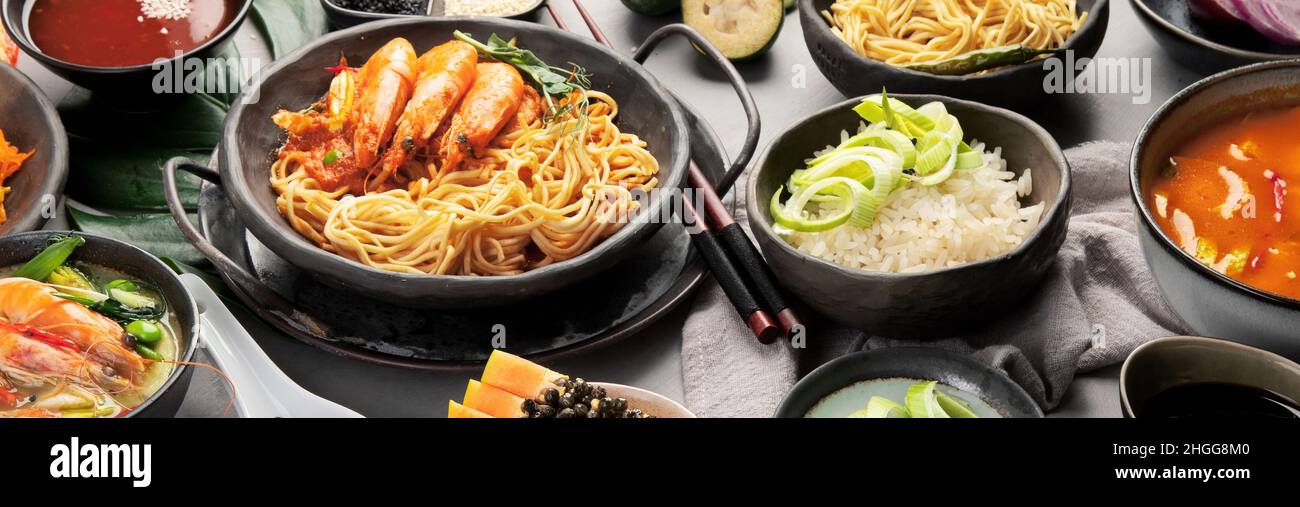 Asian dishes variety on gray background. Traditional food cocnept ...