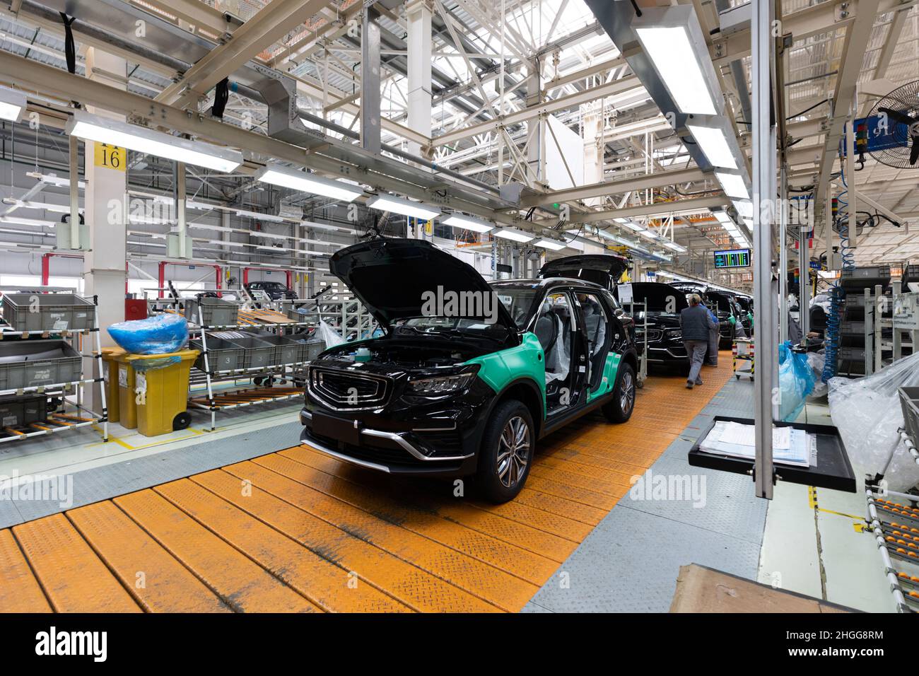Photo of modern car assembly plant. Interior of a high-tech factory of ...