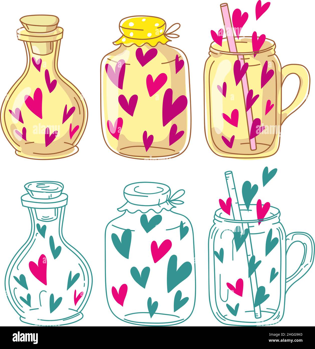 A jar, a bottle and a cup full of hearts, cute vector illustration ...
