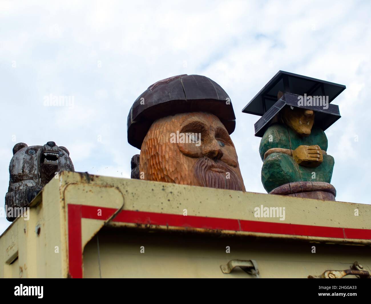 homemade wooden statues of fairy-tale heroes, in summer Stock Photo - Alamy