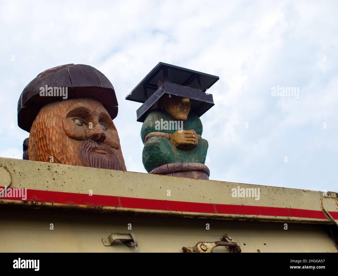 homemade wooden statues of fairy-tale heroes, in summer Stock Photo - Alamy