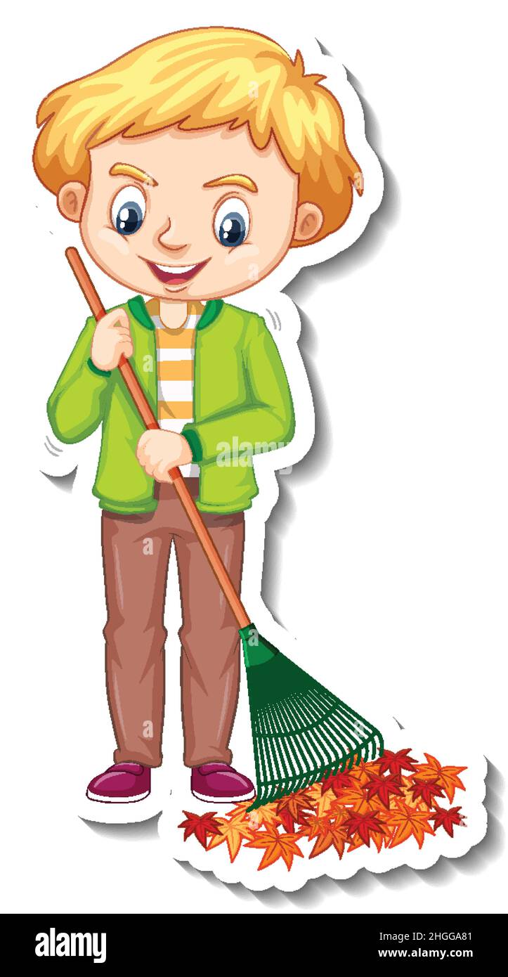 A boy using rake cartoon character illustration Stock Vector Image ...