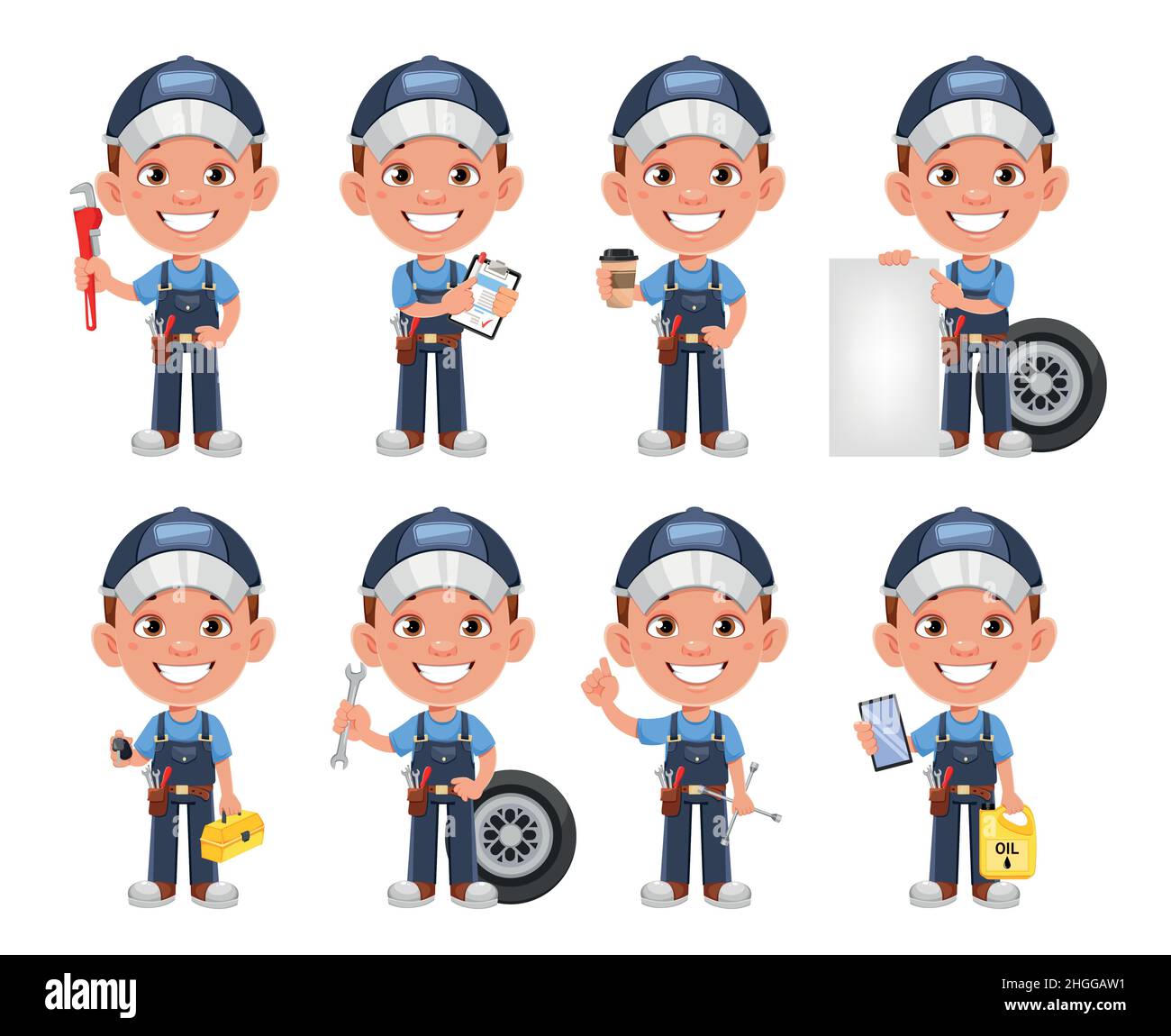 Auto mechanic cartoon character. Cheerful automechanic, set of eight ...