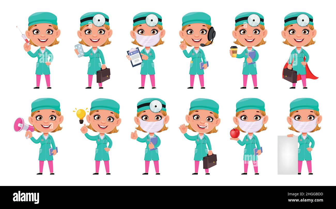 Doctor woman, funny cartoon character, set of twelve poses. Beautiful ...