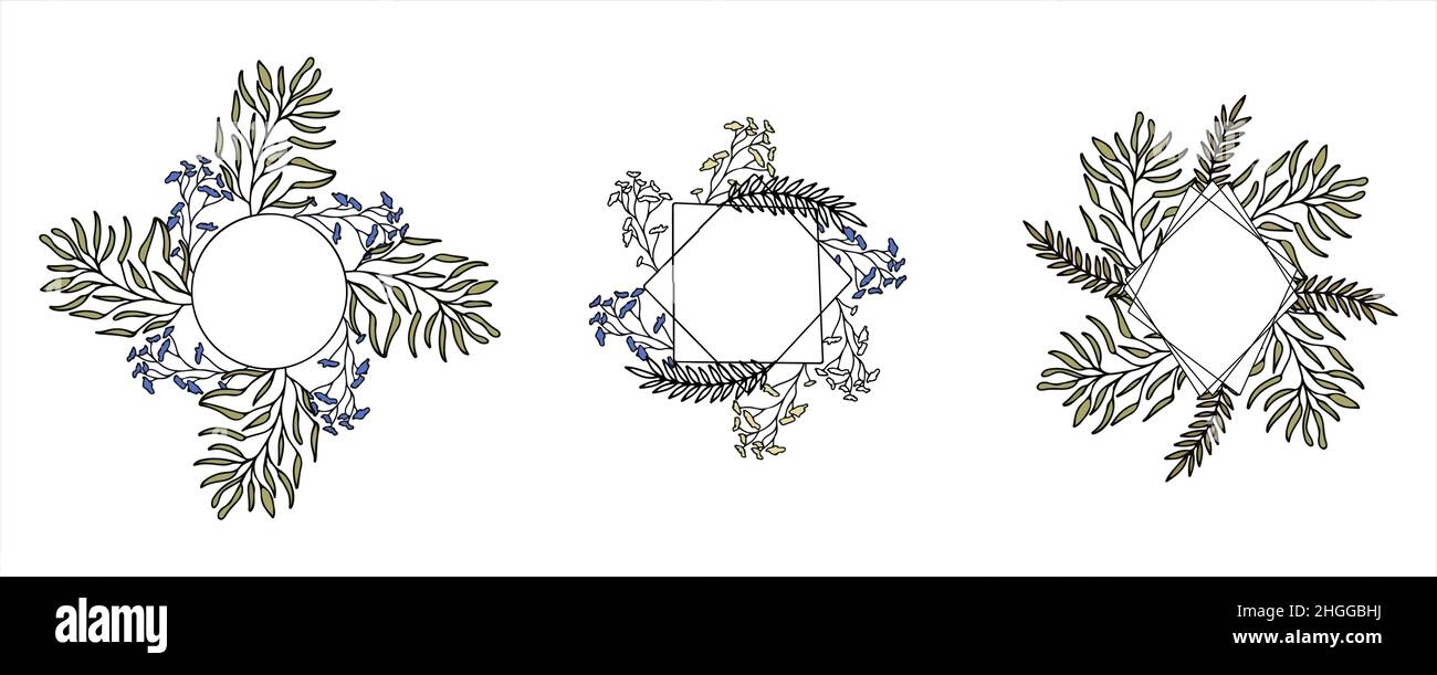 Floral vector doodle design frames. Hand drawn decorative leaves and ...