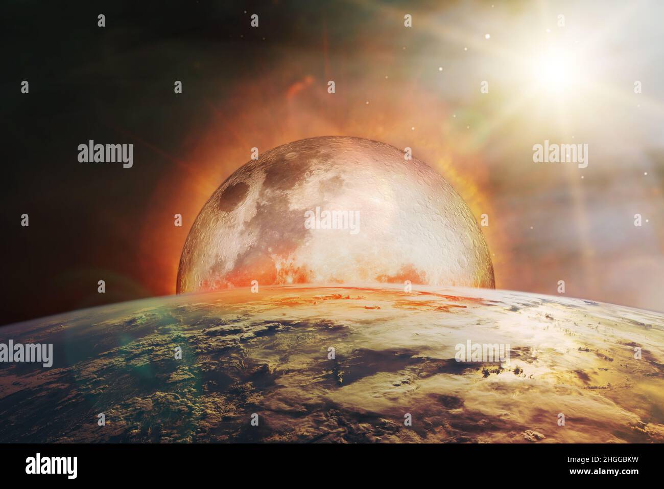 Global cataclysm background of Earth planet with Moon fall. Elements of ...