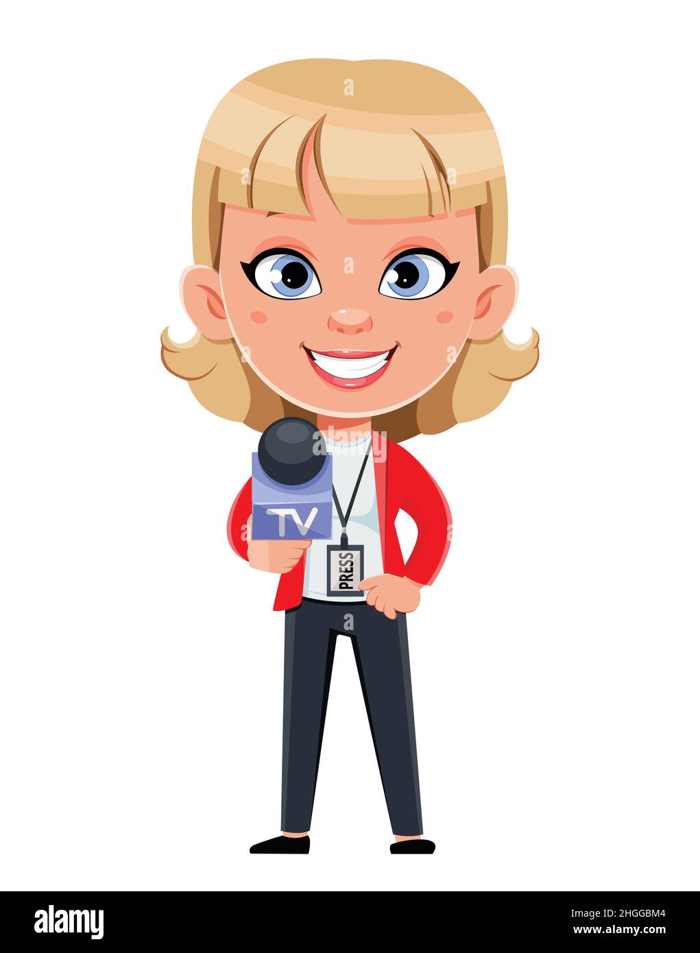 Journalist woman cartoon character. Funny lady reporter holding microphone. Stock vector ...