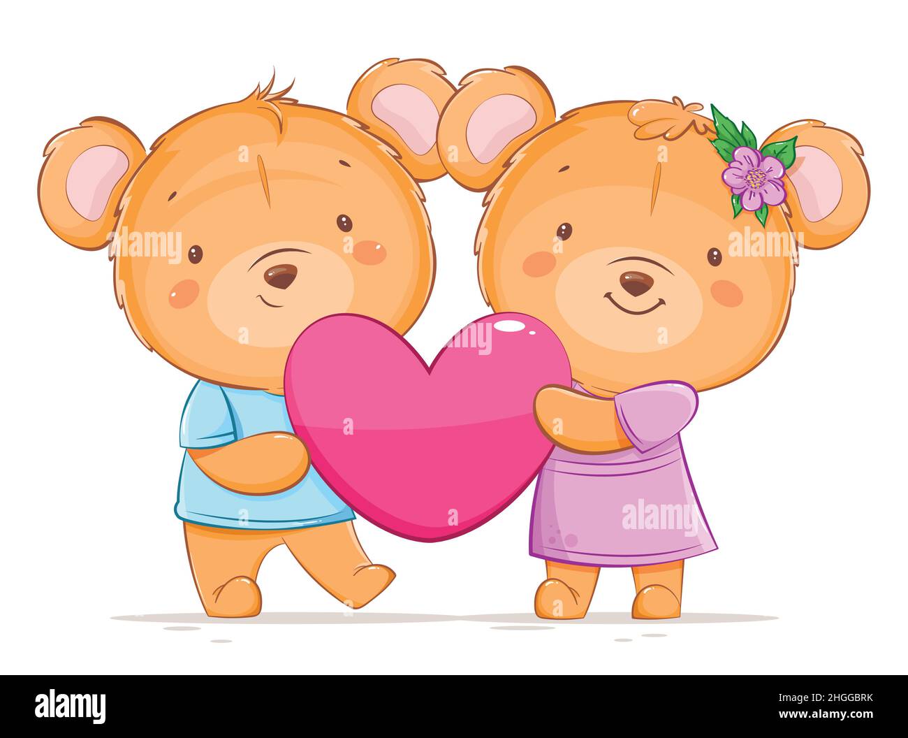 Happy Valentines day greeting card, two bears holding big pink heart ...