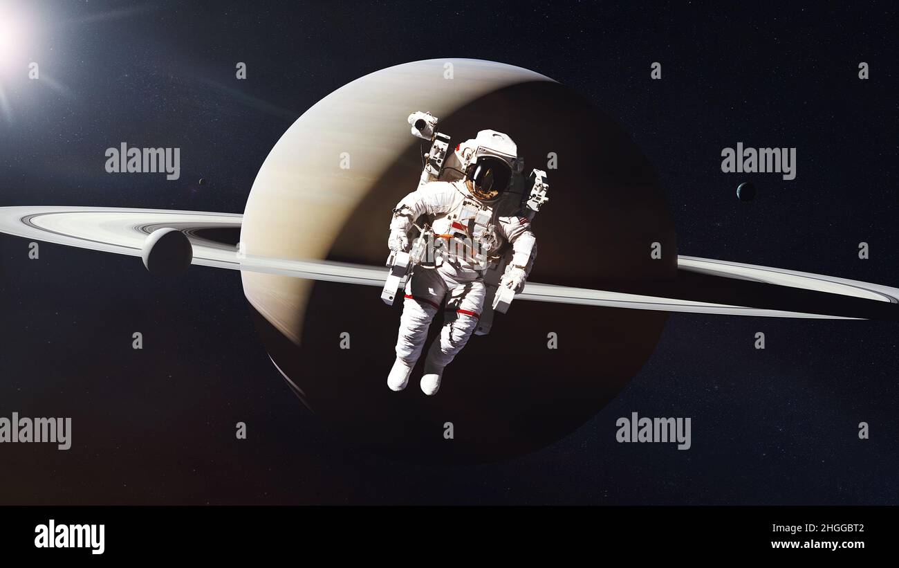Cosmonaut is flying in deep space on Saturn planet background. Elements ...