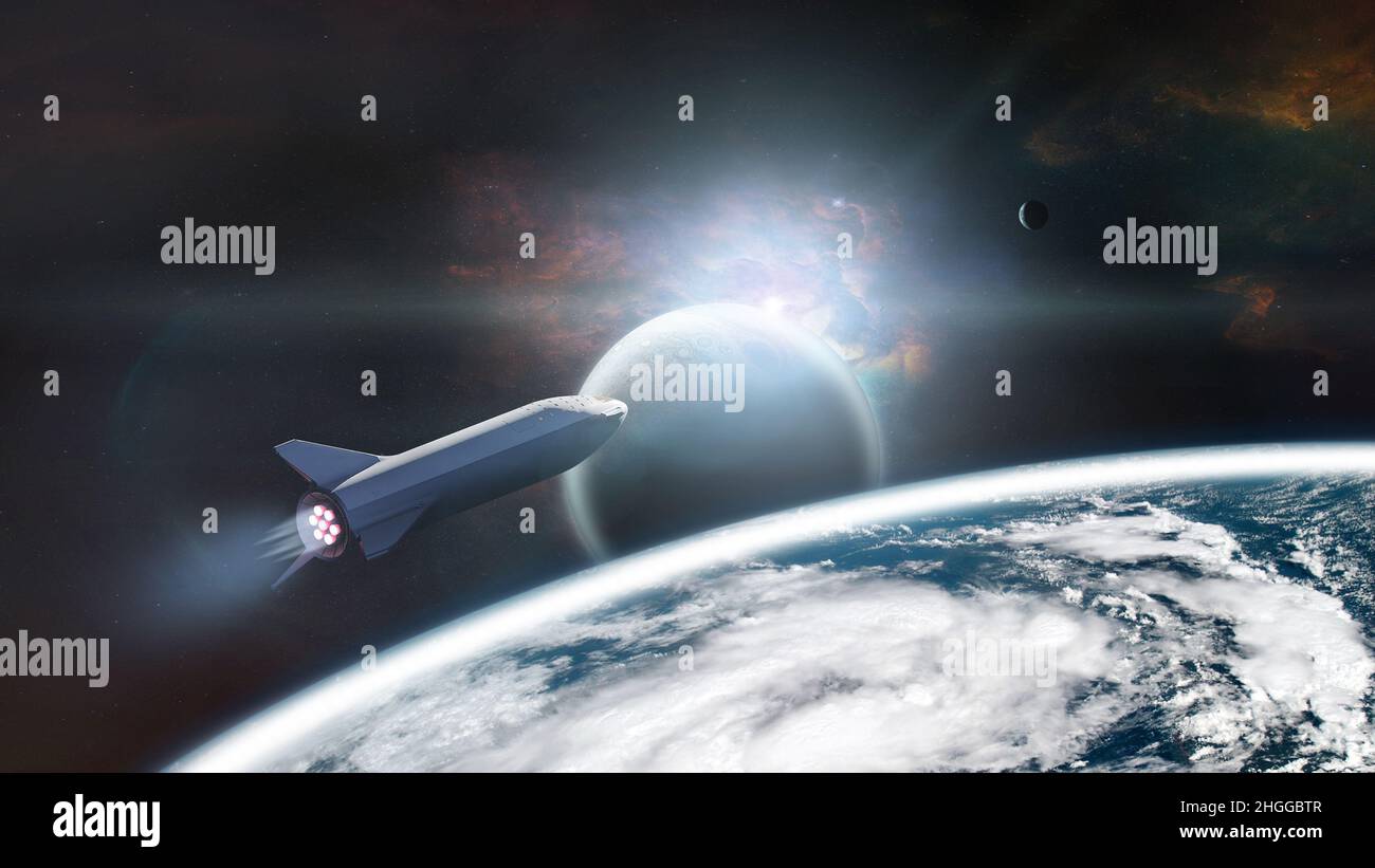 Star ship in Earth orbit with alien planets. Elements of this image ...