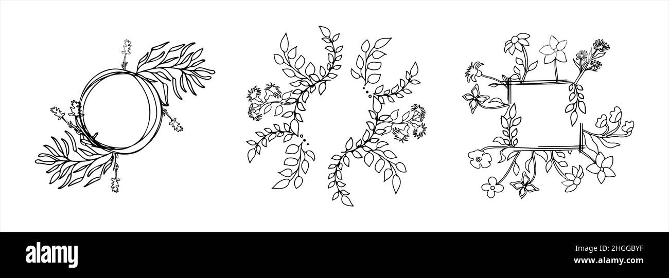 Floral vector doodle design frames. Hand drawn decorative leaves and ...
