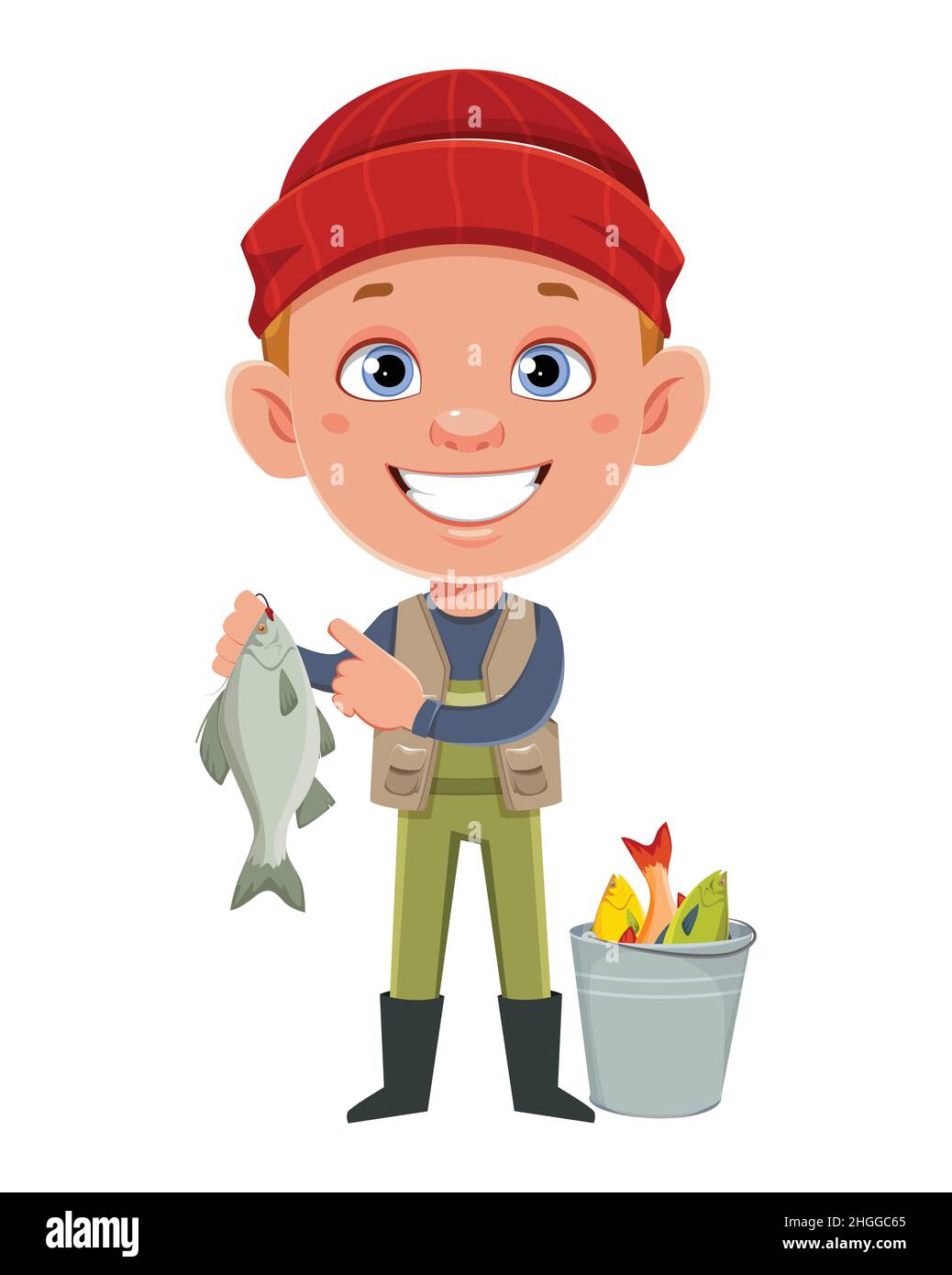 Fisherman showing the catch. Cheerful fisher cartoon character. Stock ...