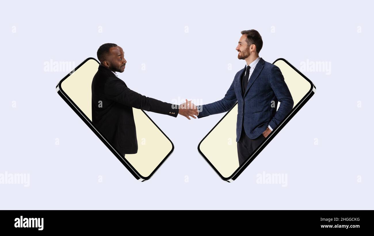 Collage. Two men sticking out phone screen shaking hands symbolizing ...